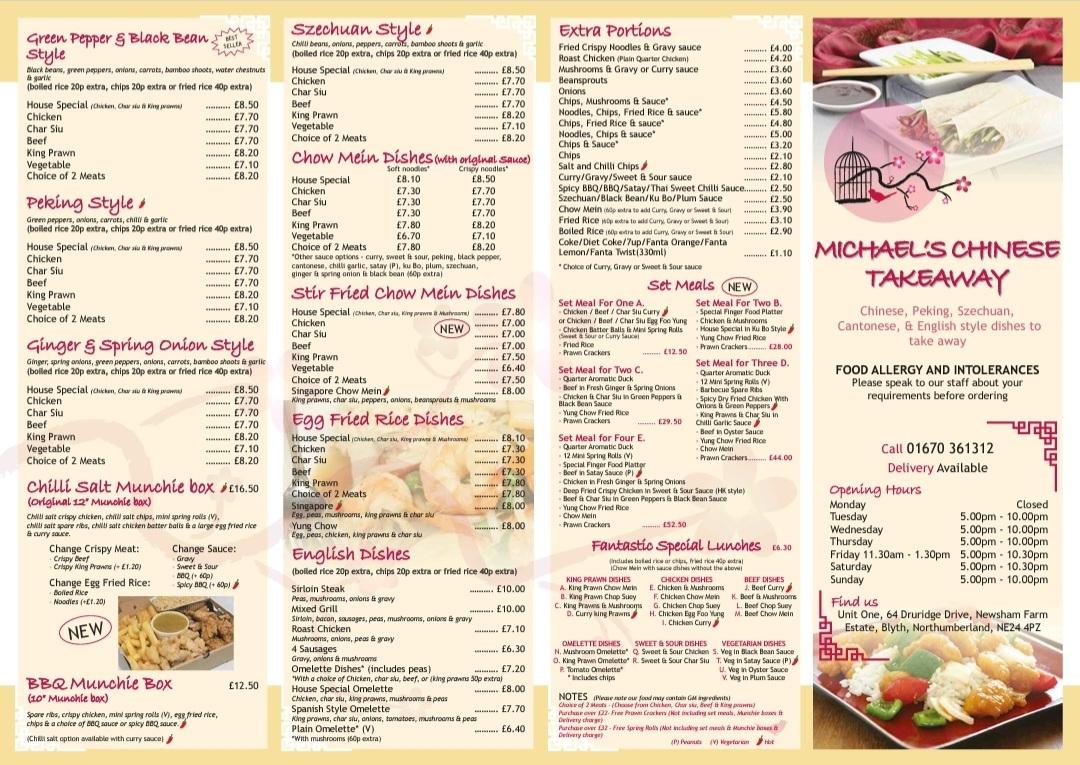 Menu at Michael's Chinese Takeaway fast food, Blyth