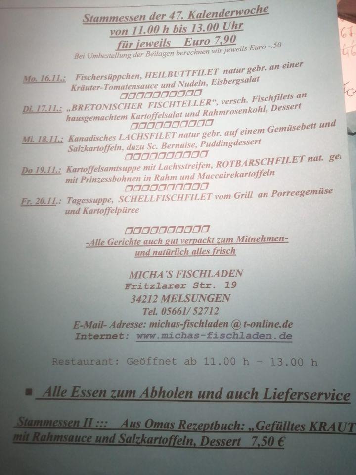 Menu at Micha's Fischladen restaurant, Melsungen