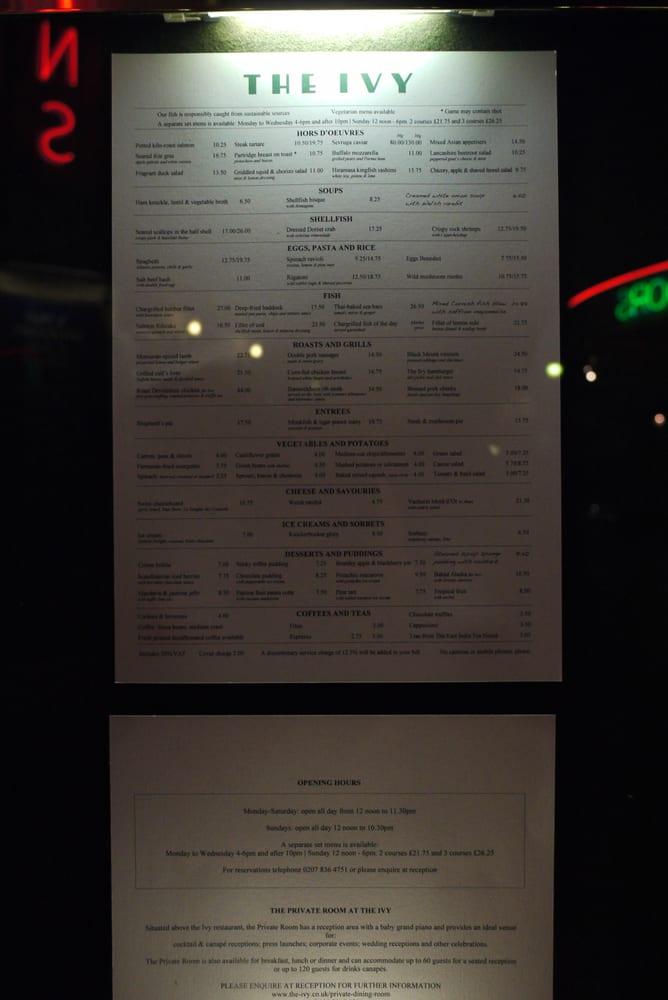 Menu at The Ivy restaurant, London, 1-5 West St