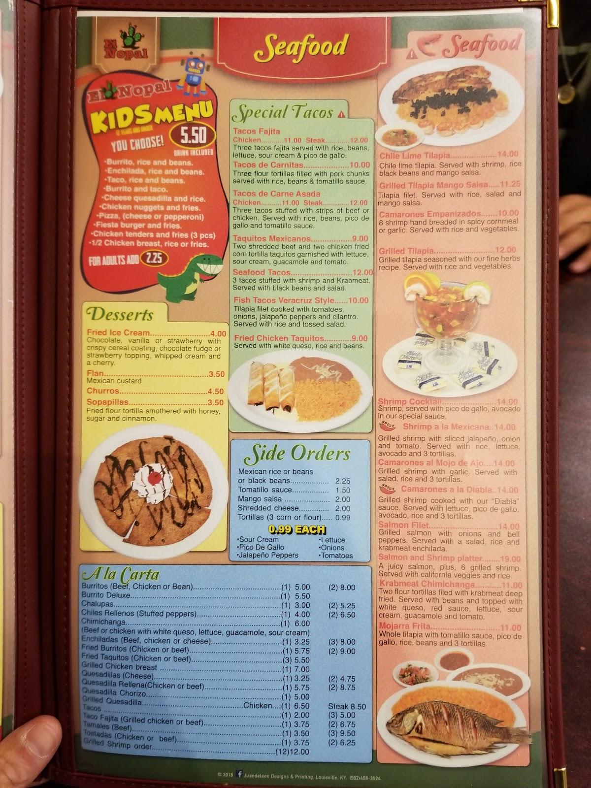 Menu at El Nopal Mexican Food Simpsonville restaurant, Simpsonville