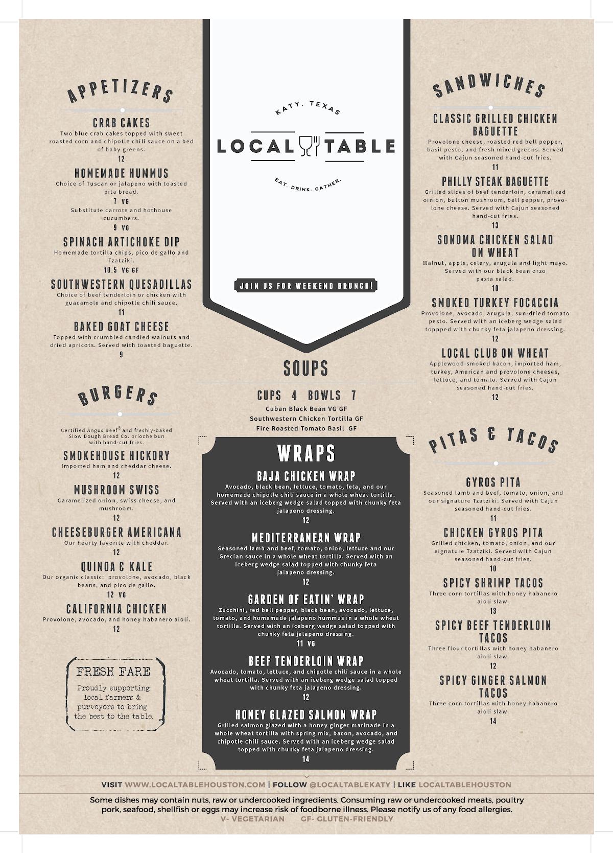 Menu at Local Table restaurant, Katy, Cinco Ranch Blvd