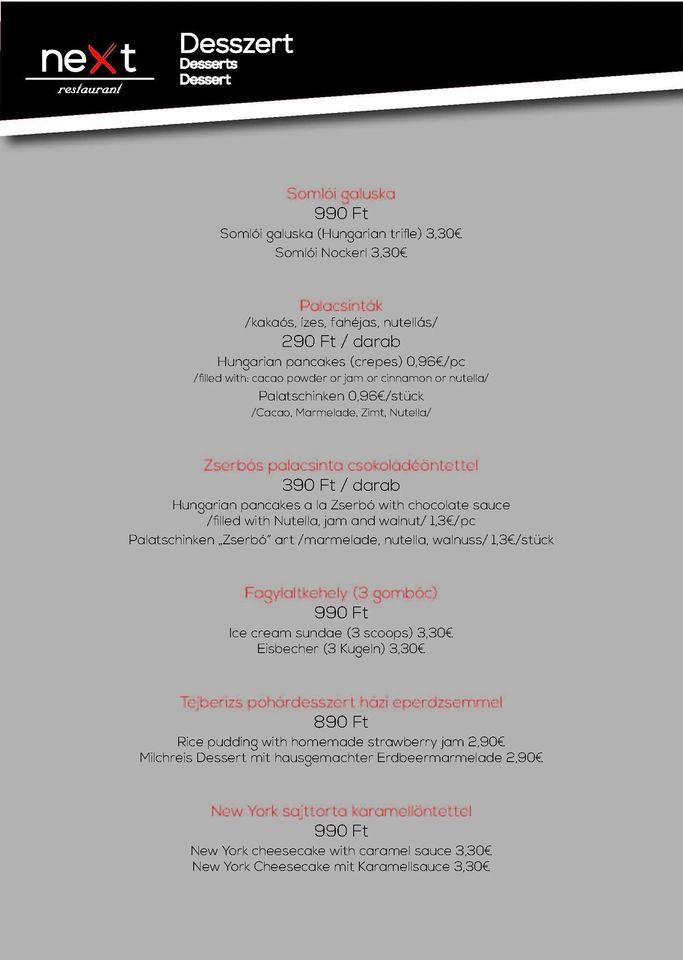 Menu at NEXT Restaurant, Esztergom, Batthyány Lajos u. 1