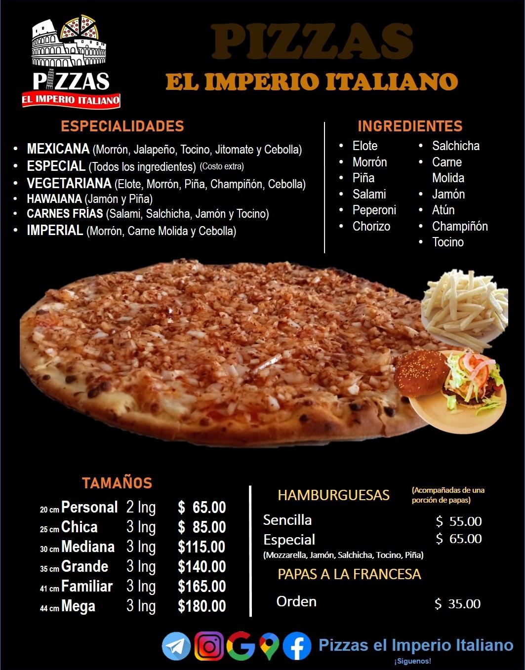 Menu at Pizzas Imperio Italiano restaurant, Zapopan