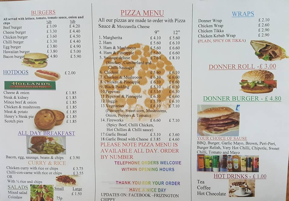 Menu at Frizington Chippy restaurant, Frizington