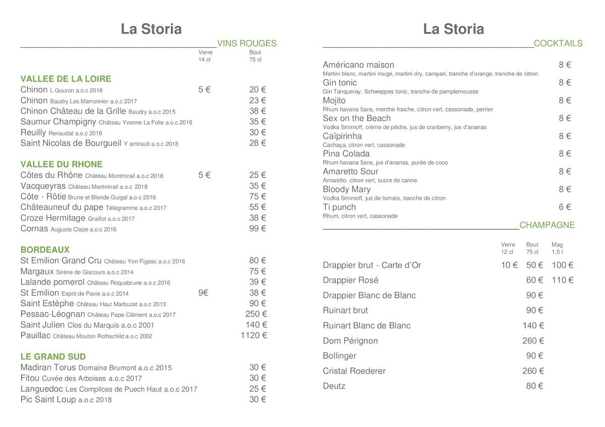 Menu at la storia restaurant, Tours