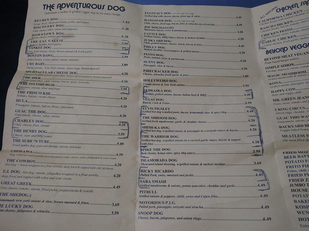 Menu at Mustard's Famous Hot Dogs restaurant, Melbourne, N Harbor City Blvd