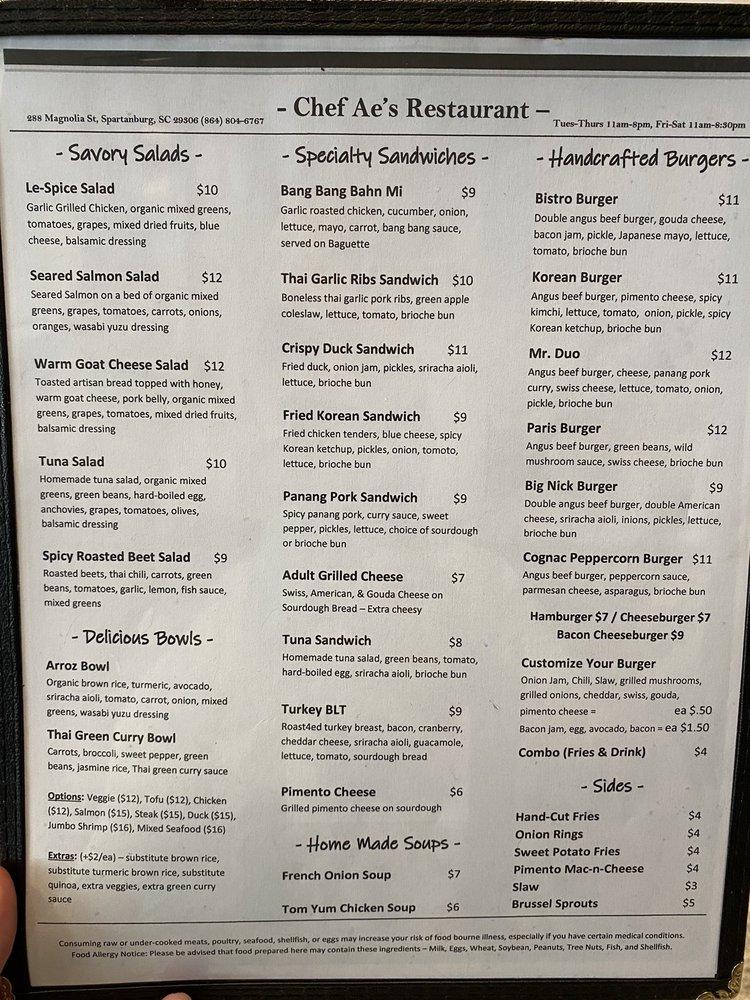 Menu at Chef Ae's restaurant, Spartanburg