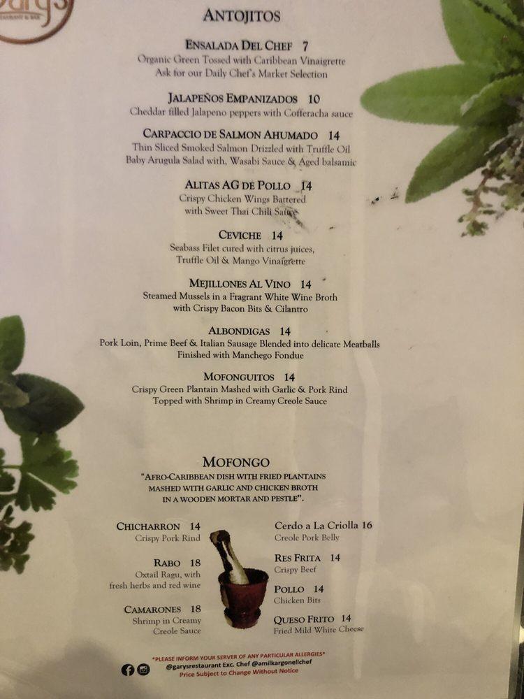 Menu at Gary's Restaurant and Bar, Lowell