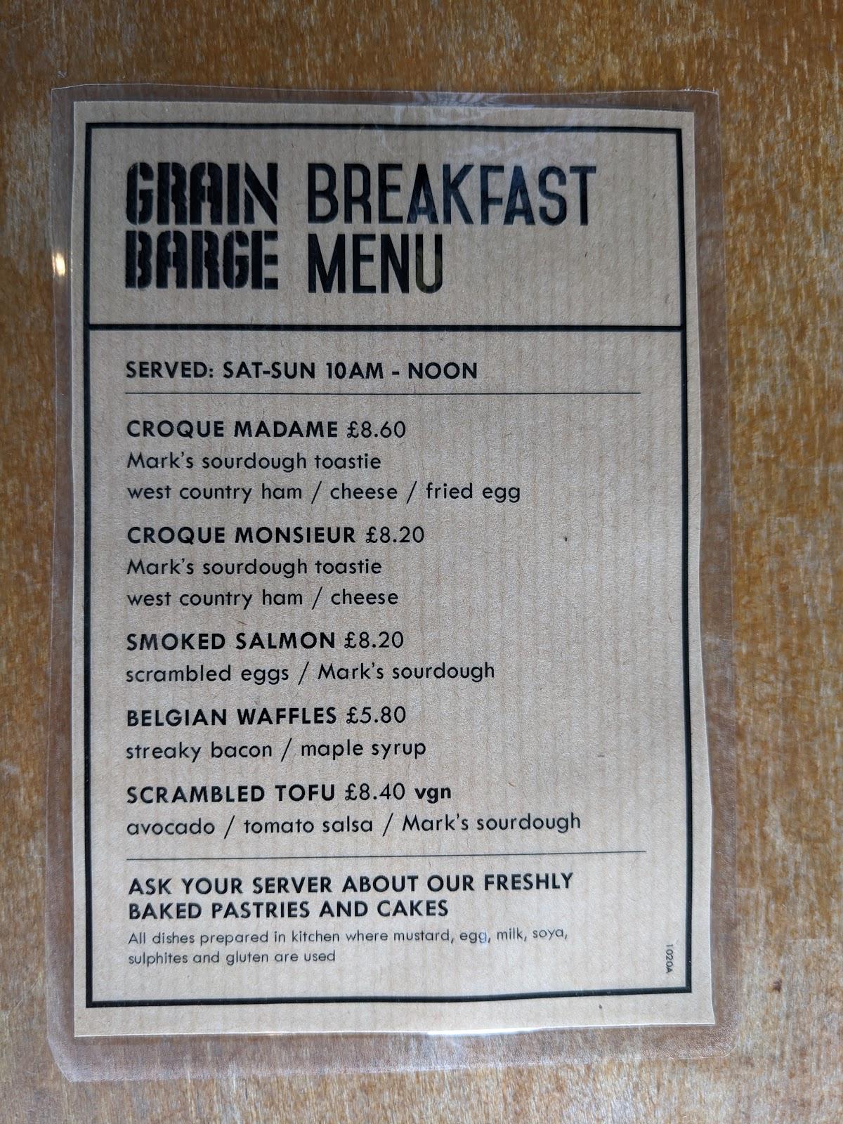 Menu at Grain Barge, Bristol