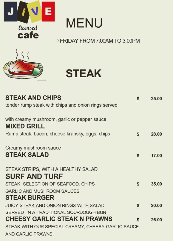 Menu at Jive Cafe, Kawerau
