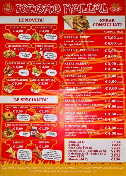 Menu at Kebab Hallal restaurant, Catania