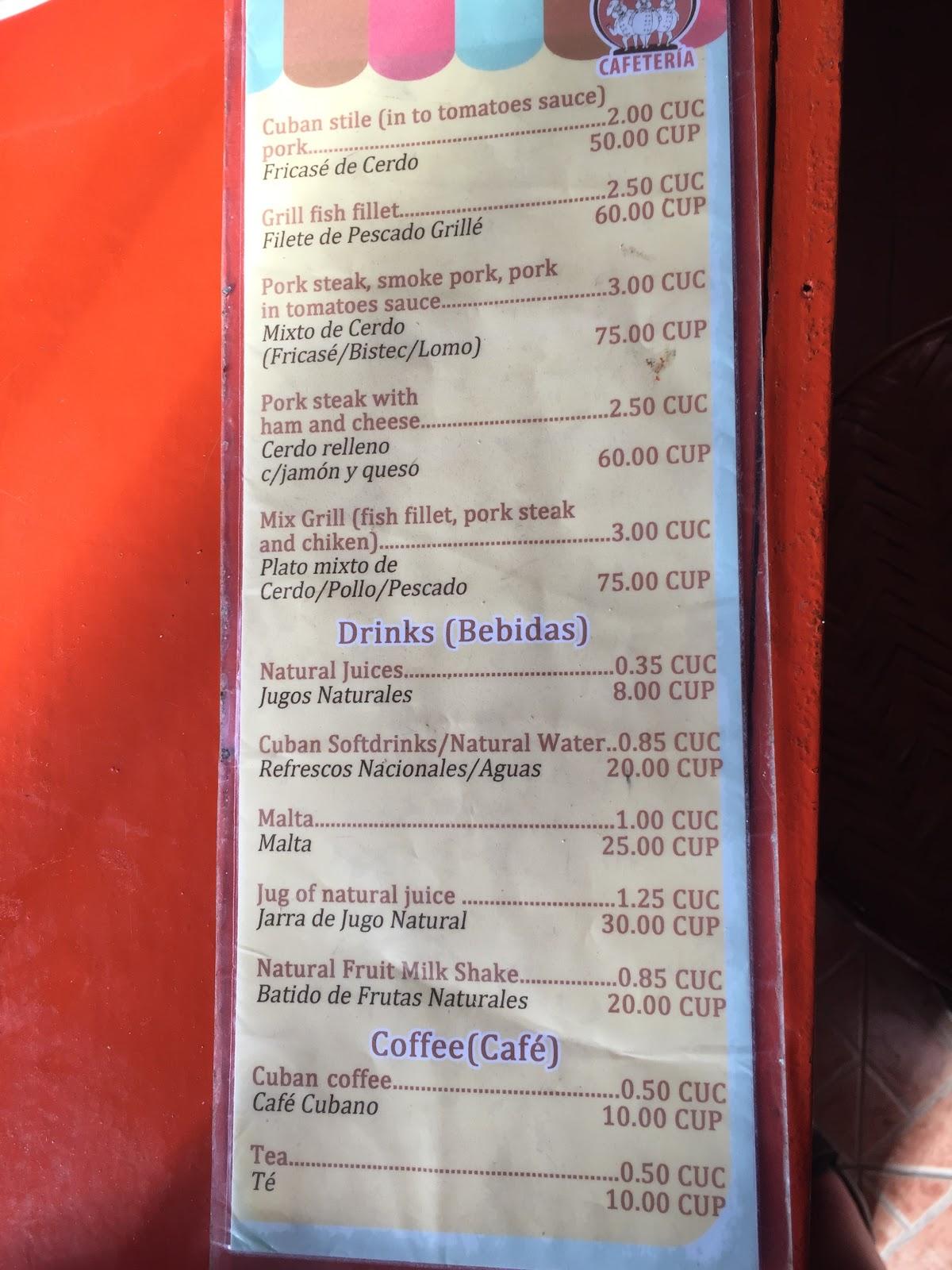Menu at Los tres Cerditos restaurant, Varadero