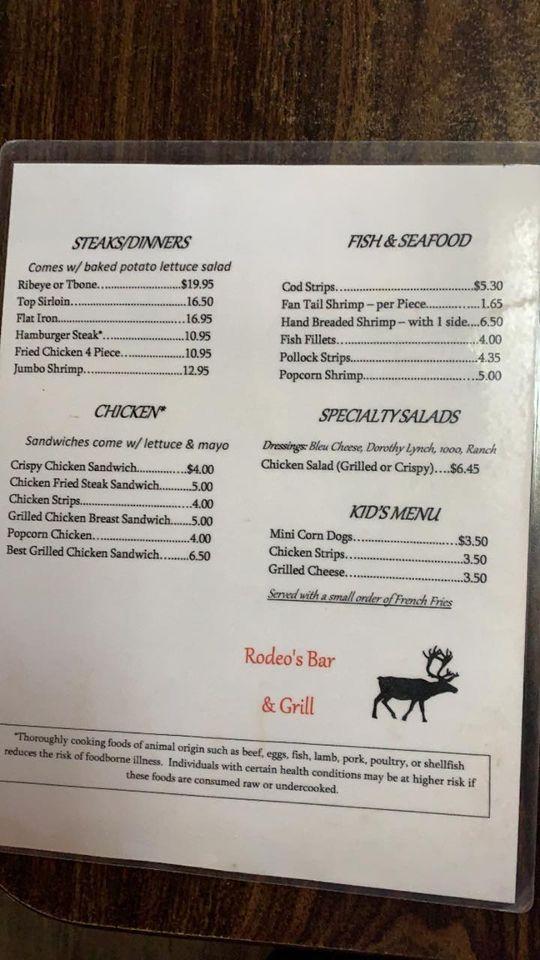 Menu at Rodeo's Bar & Grill, Coleridge