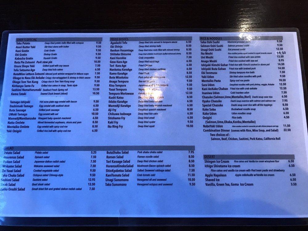 Menu at TANTO Japanese Restaurant, Sunnyvale