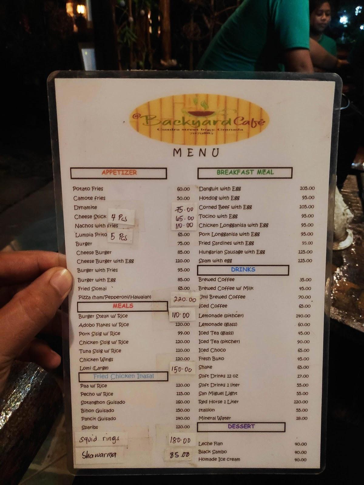 Carta de backyard cafe, Bacolod