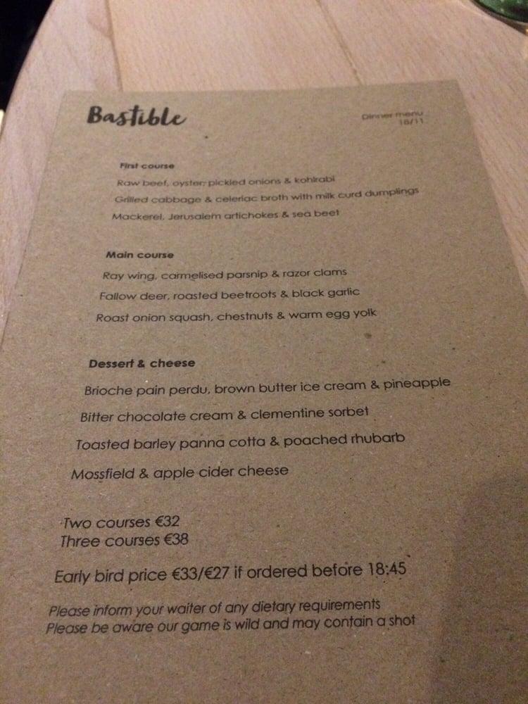 Menu at Bastible restaurant, Dublin