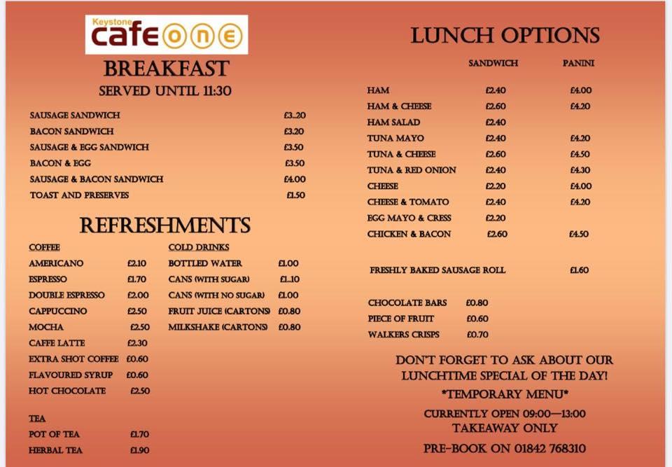 Menu at Cafe One, Thetford