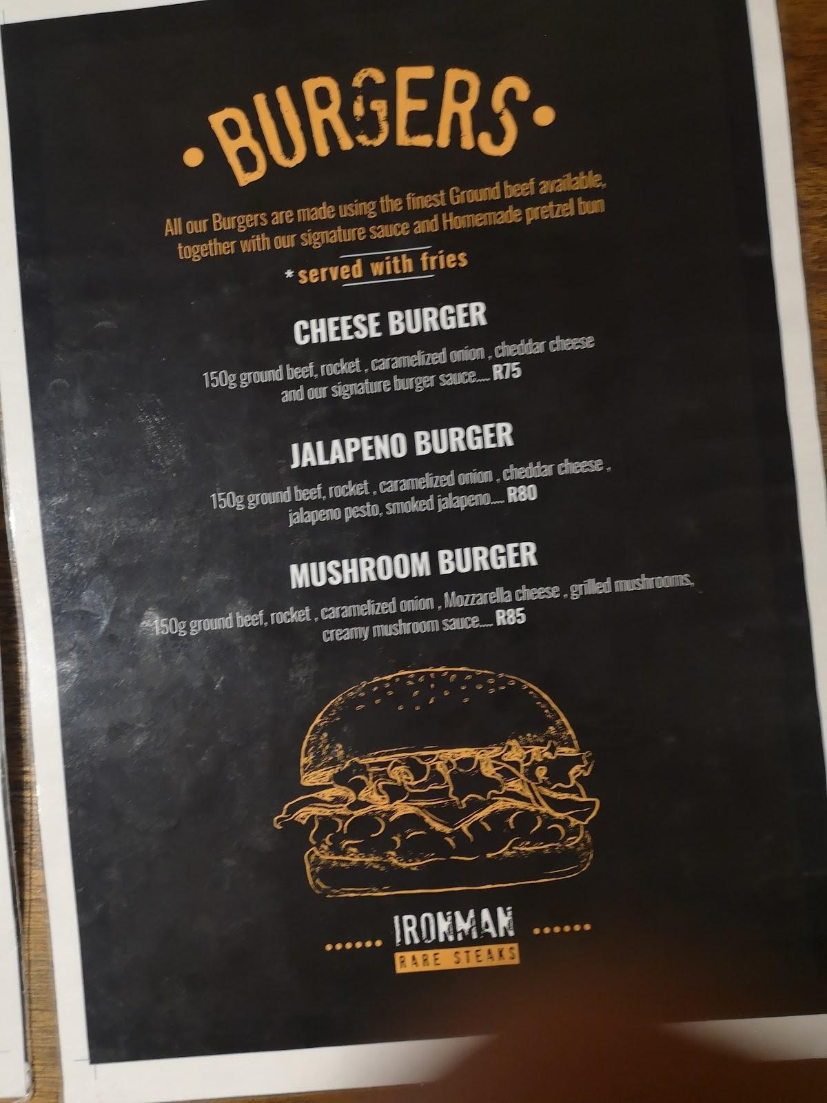 Menu at Ironman Rare Steaks restaurant, Durban