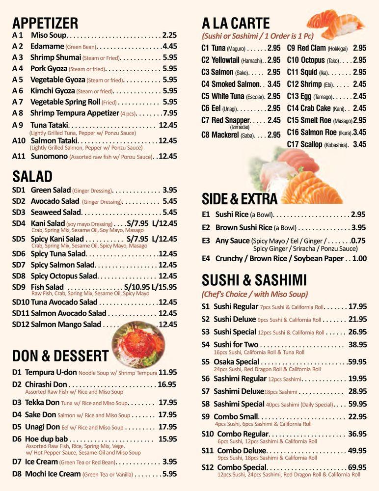 Menu at Osaka Sushi restaurant, Little Falls
