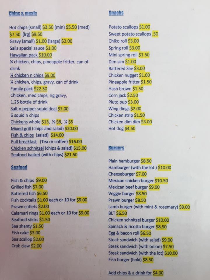 Menu at Sails at Tuross restaurant, Tuross Head