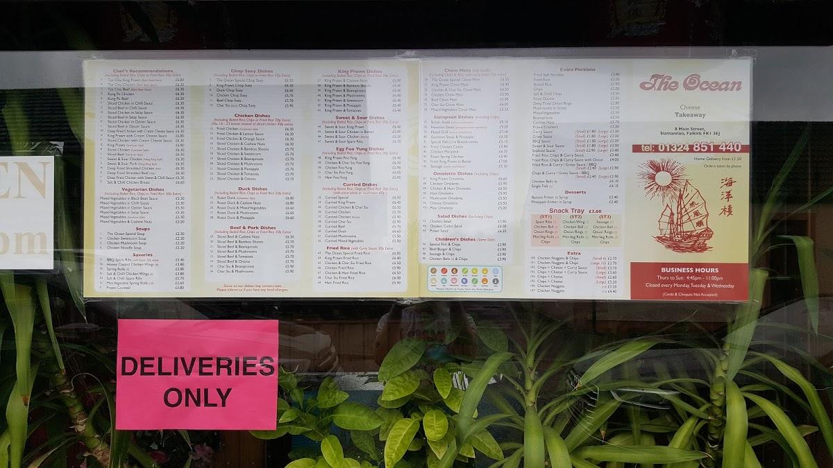 Menu at The Ocean Chinese Takeaway restaurant, Slamannan
