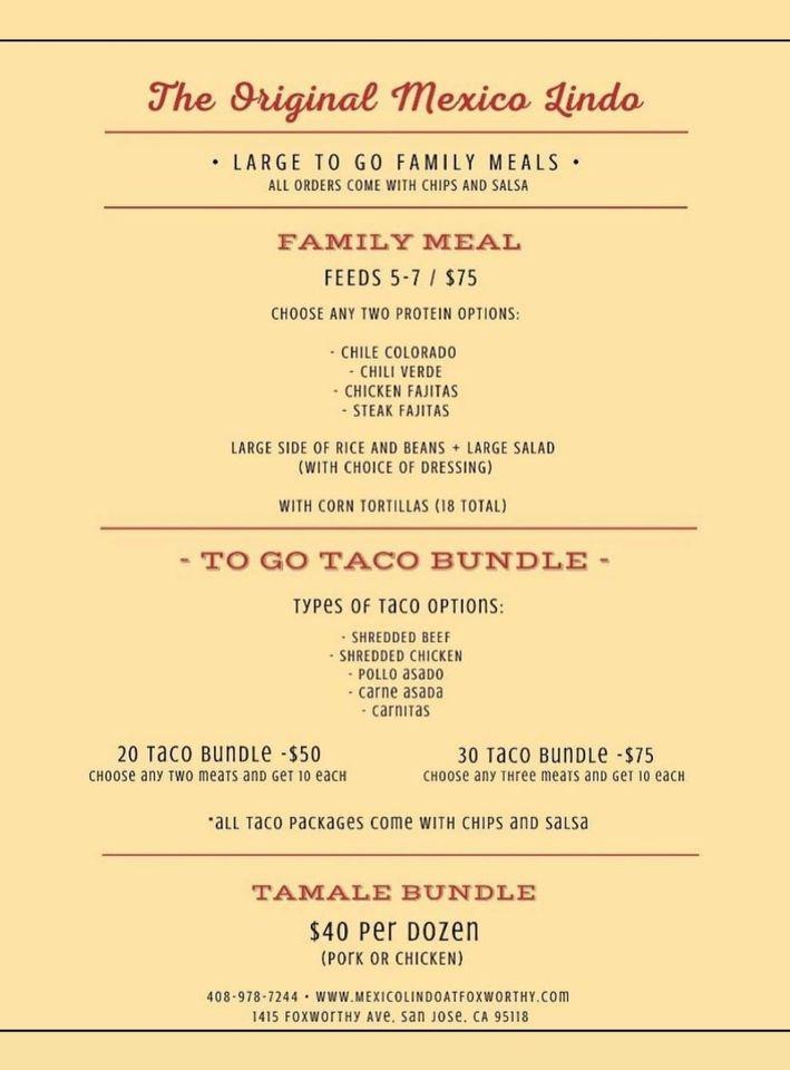 Menu at The Original Mexico Lindo Restaurant, San Jose, Foxworthy Ave