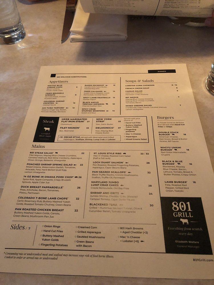 Menu at 801 Grill restaurant, Omaha