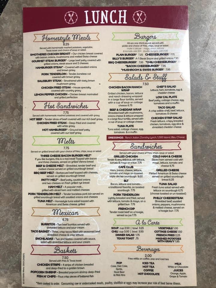 Menu at Billy's Miracle Hills Cafe, Omaha