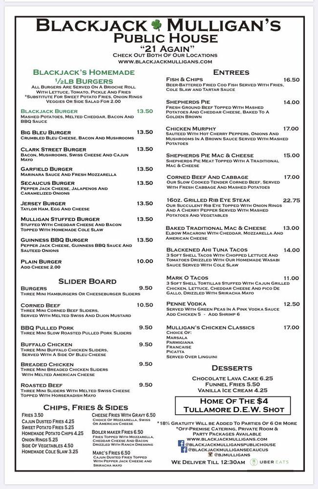 Menu at Blackjack Mulligan's Public House, Hawthorne