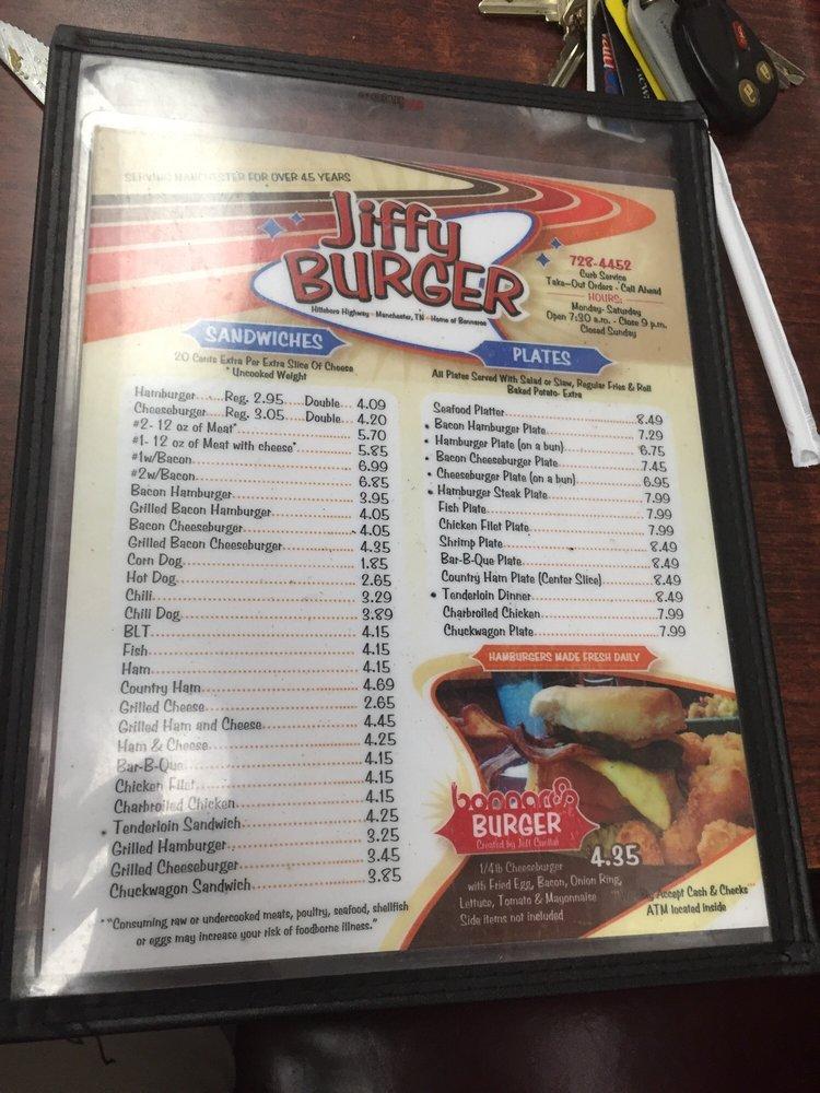 Menu at Jiffy Burger restaurant, Manchester