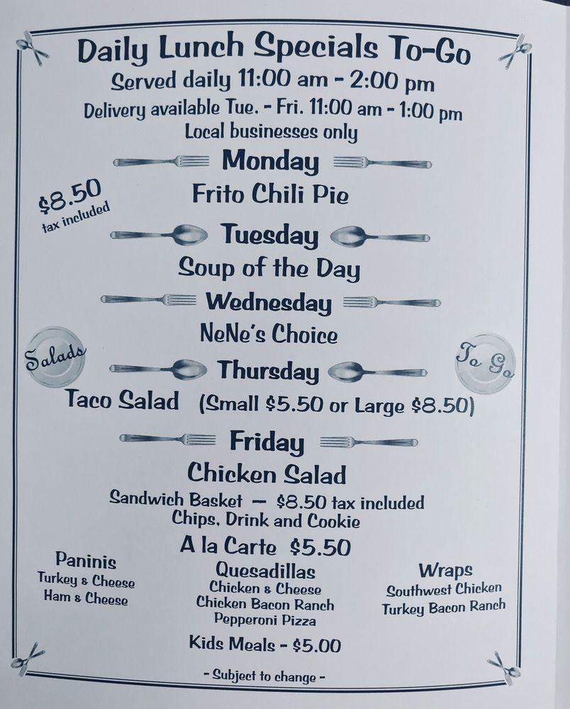 Menu at NeNe’s Dishes cafe, Cabot