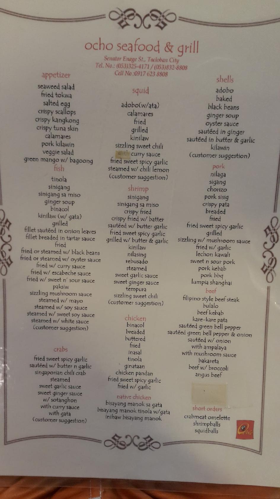 Menu at Ochó Seafood and Grill restaurant, Tacloban City