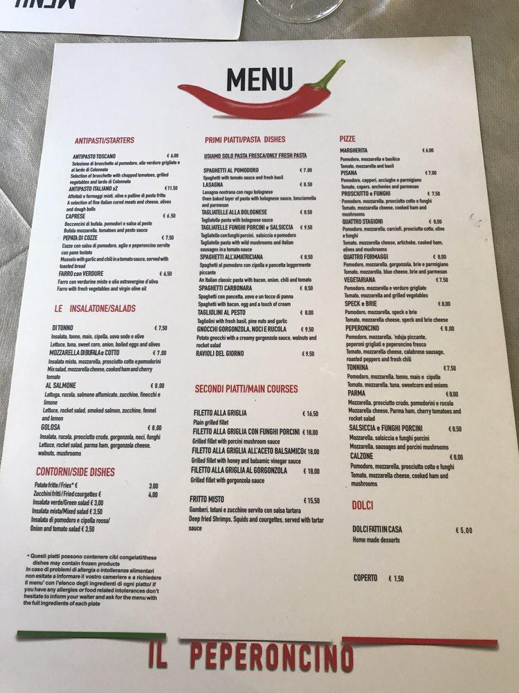 Menu at Il Peperoncino restaurant, Pisa