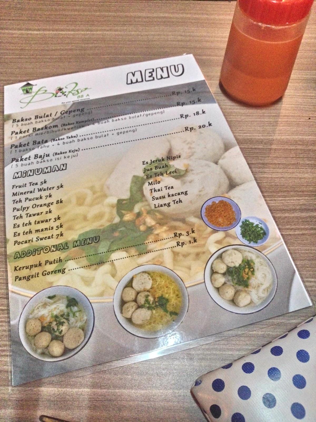 Menu at Rumah Bakso 88 restaurant, West Jakarta, Jl. Karya Raya No.15