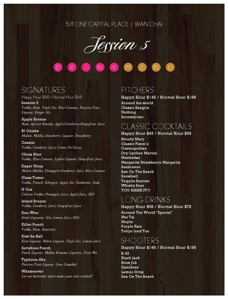 Menu at Session 5 pub & bar, Hong Kong