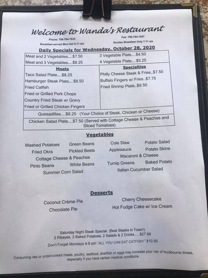 Menu at Wanda's Restaurant, Rock Spring