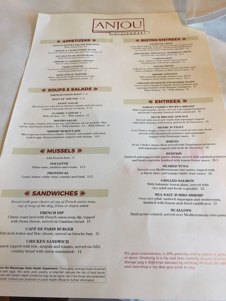 Menu at Anjou Restaurant, Ridgeland