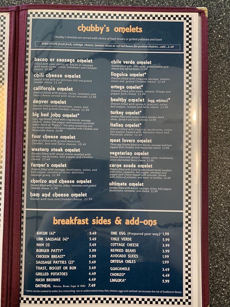 Menu at Chubby's Diner restaurant, Fresno, N Blackstone Ave