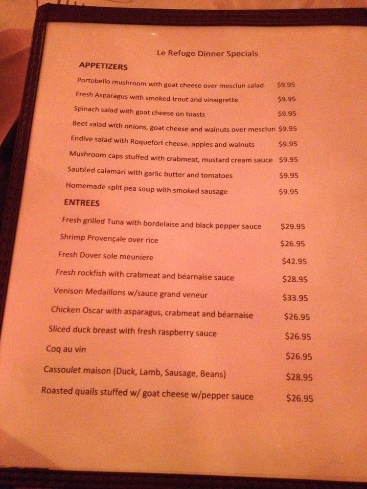 Menu at Le Refuge restaurant, Alexandria