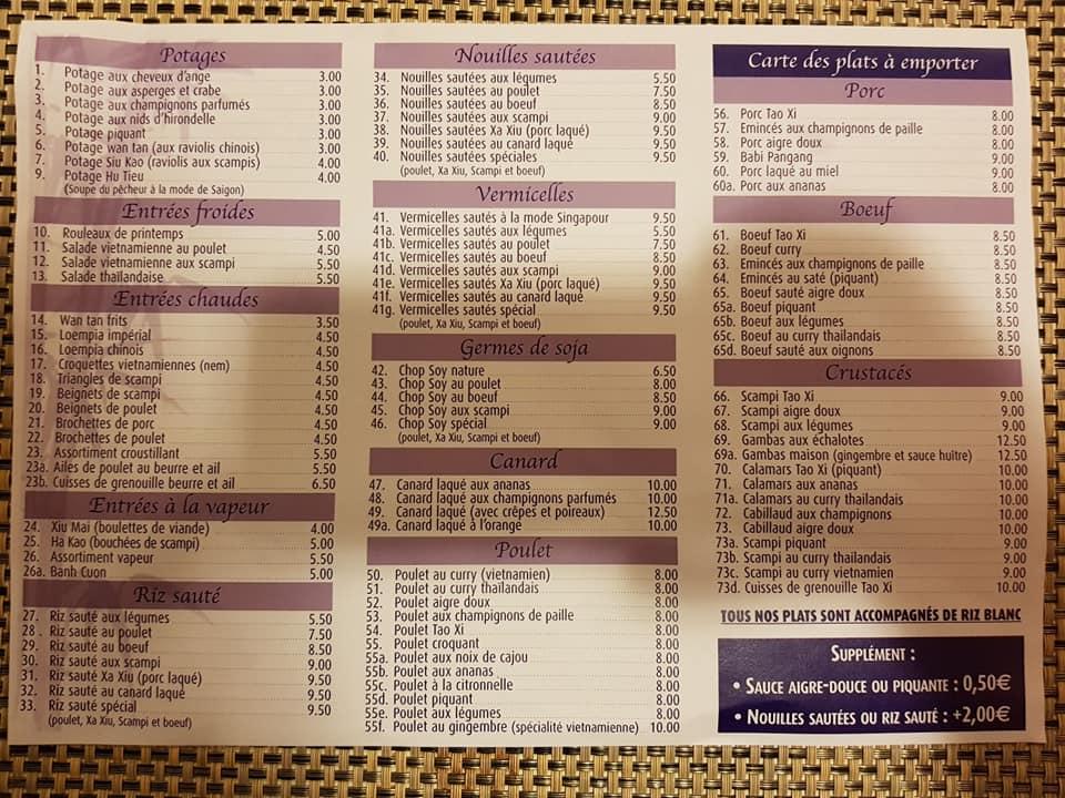 Menu at Le Viêt Nam, Seraing