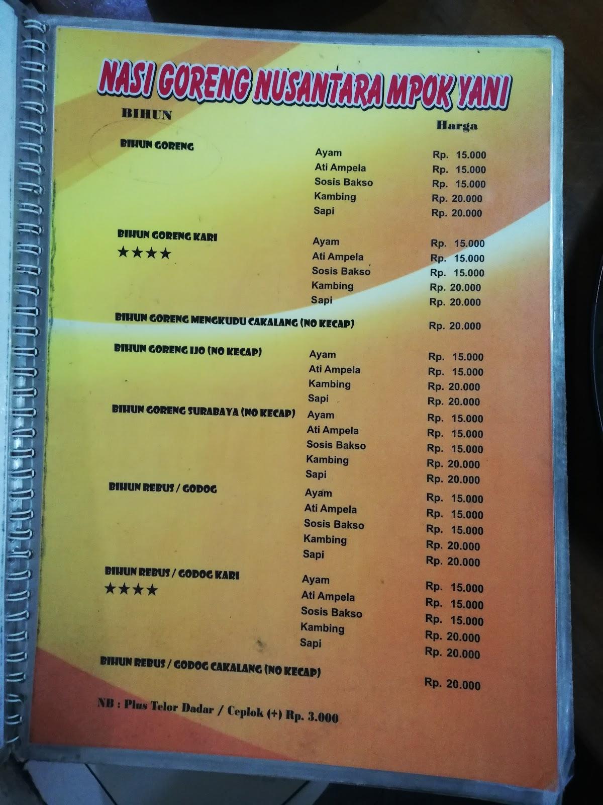Menu at Nasi Goreng Nusantara Mpok Yani Rempoa restaurant, South Tangerang