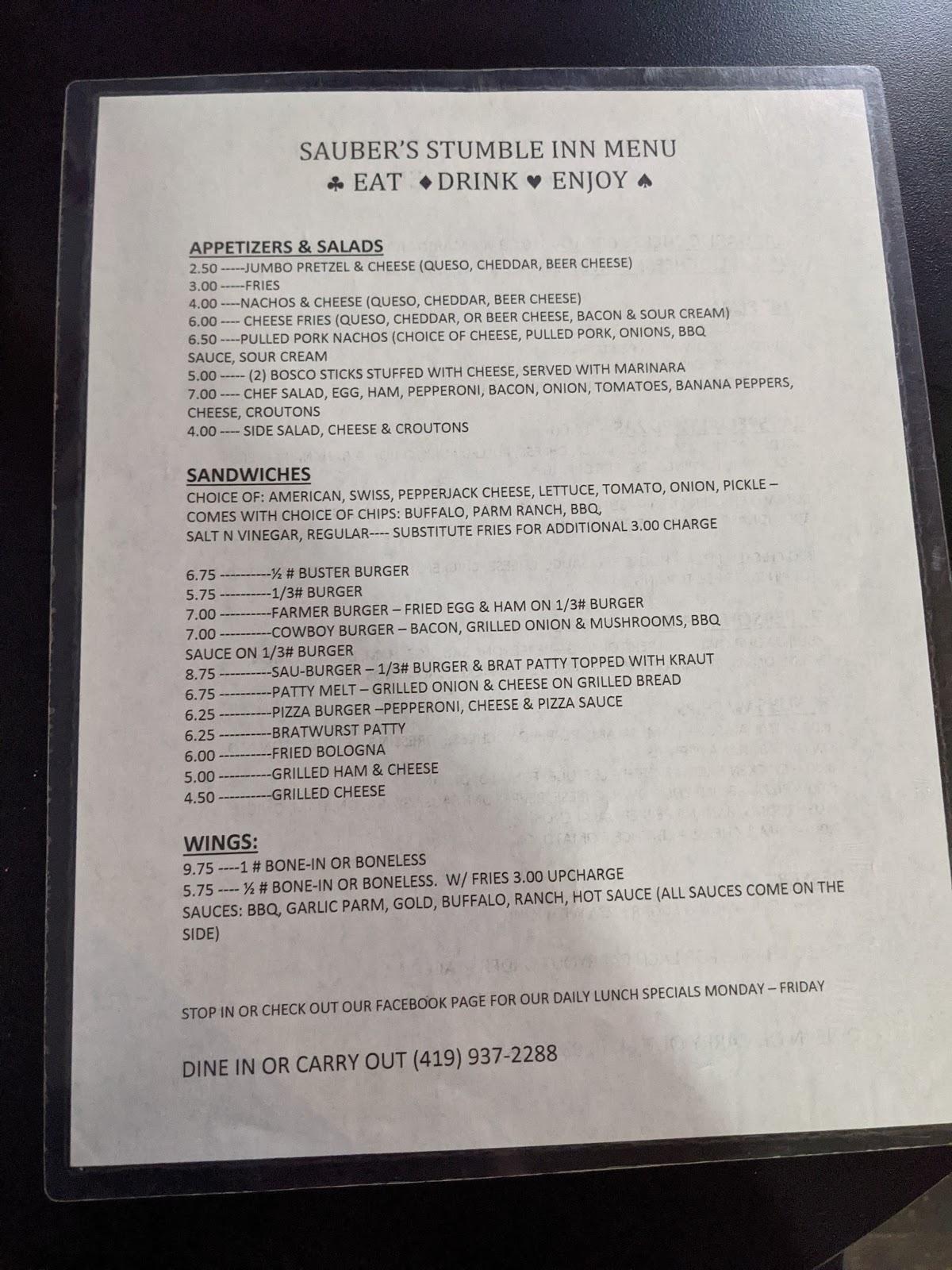Menu at Sauber's Stumble Inn pub & bar, Bascom