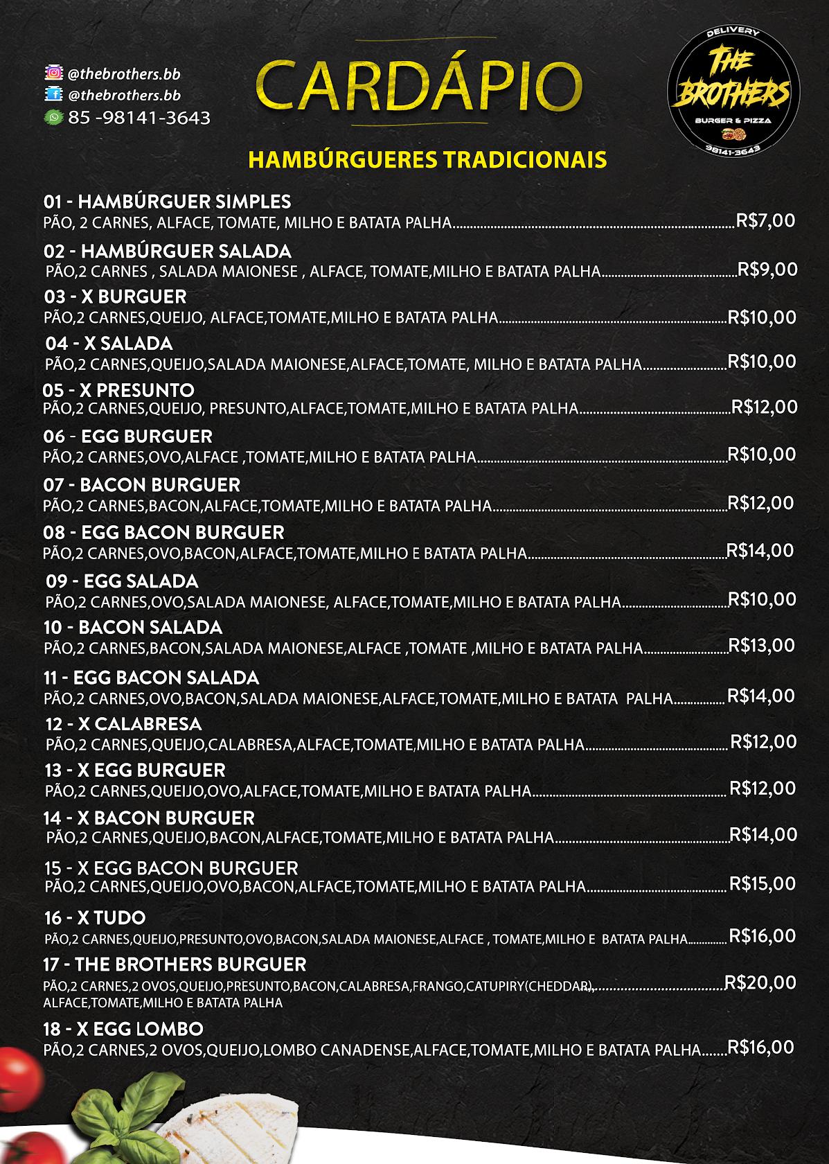 Menu at The Brothers Burger/Pizza restaurant, Port of Pecem