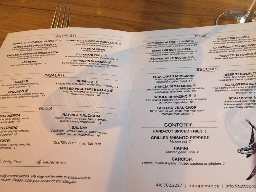 Menu at Tutto Pronto restaurant, Toronto, Avenue Rd