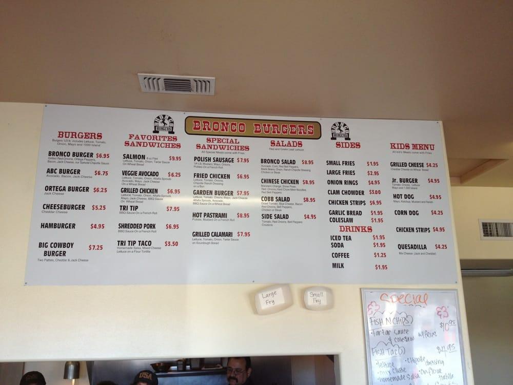 Menu at Bronco Burger restaurant, Paso Robles