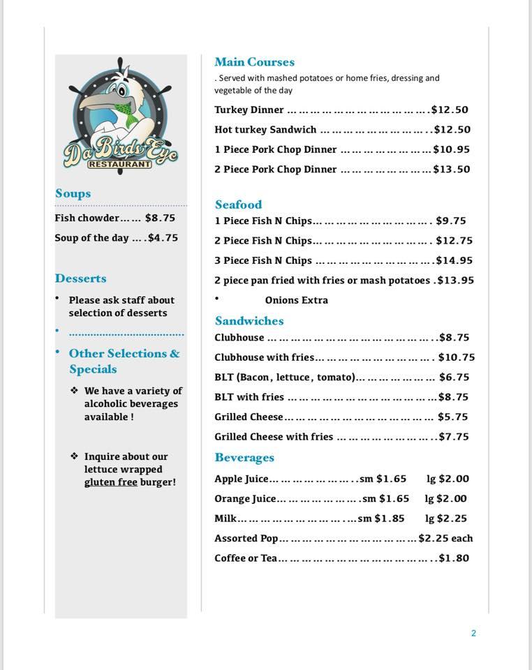 Menu at Da Birds Eye restaurant, Saint Bride's, 5 Main Street