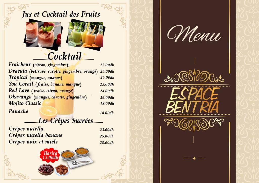 Menu au Espace Bentria café, Mohammedia