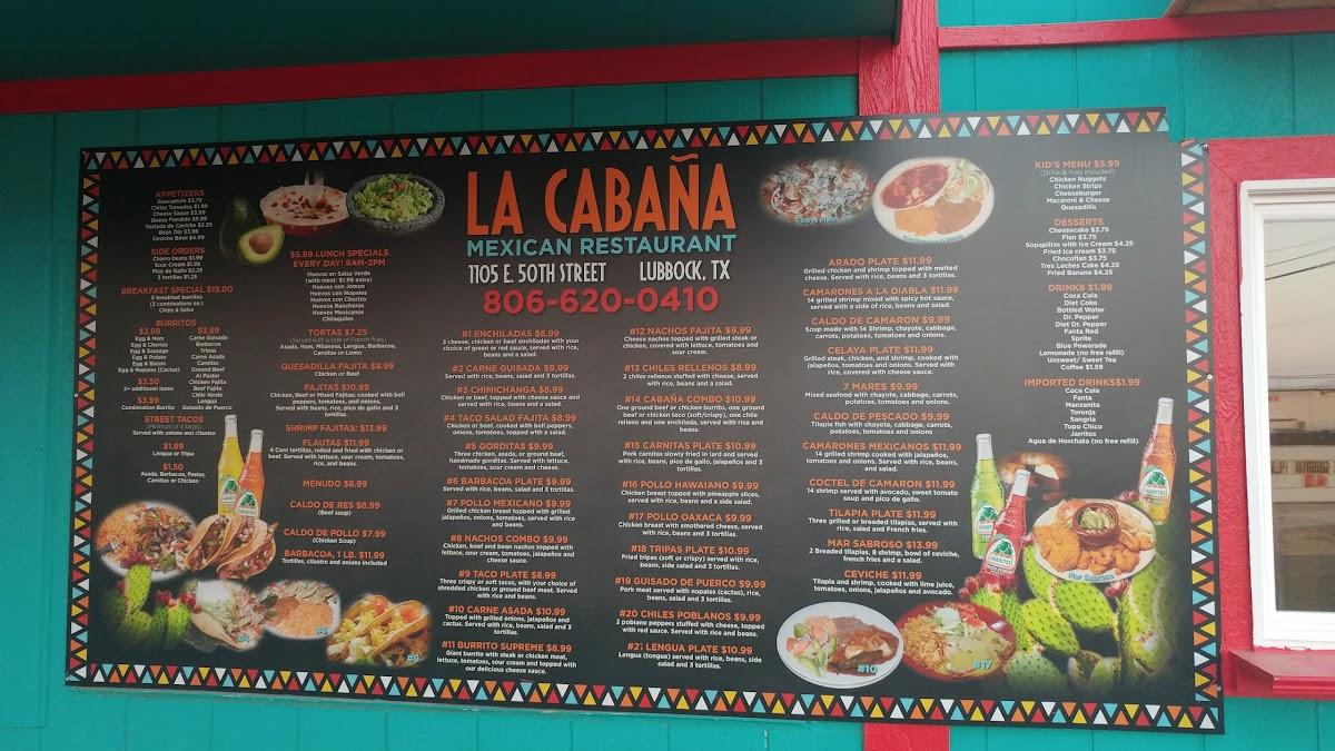 Menu at La Cabana restaurant, Lubbock