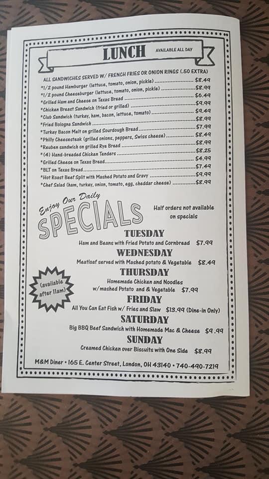 Menu at M&M Diner restaurant, London