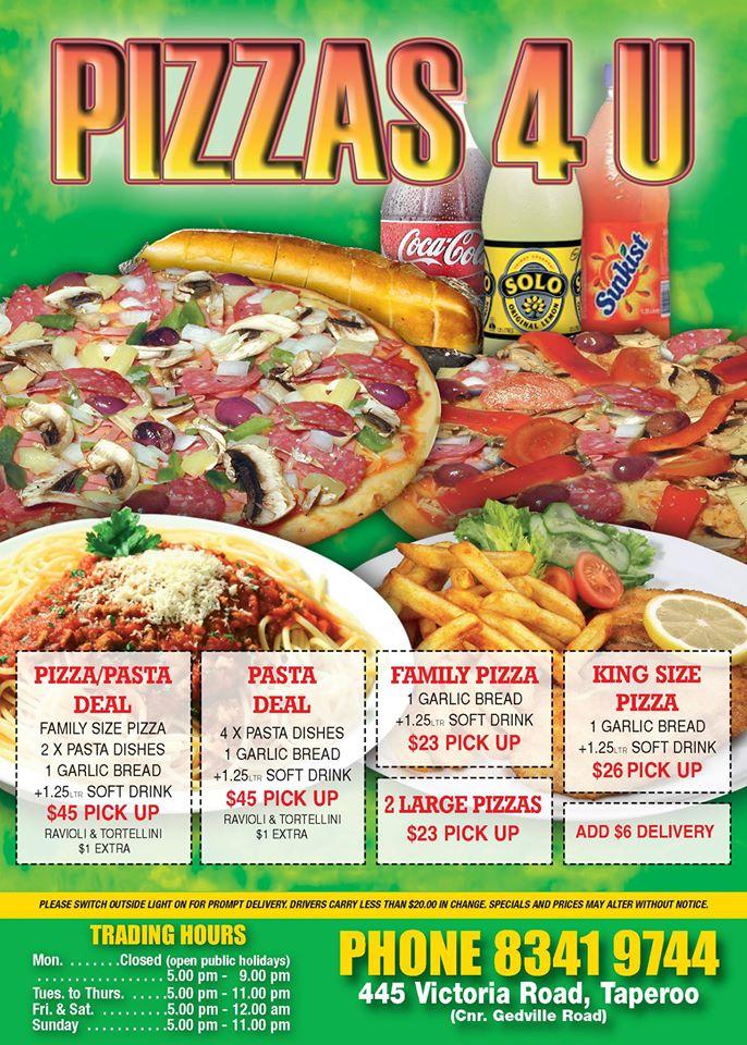 Menu at Pizzas 4 U pizzeria, Taperoo
